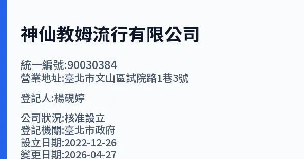 神仙教姆流行有限公司的照片-統編 90030384(臺北市) 公司登記資料與營業項目詳細圖表