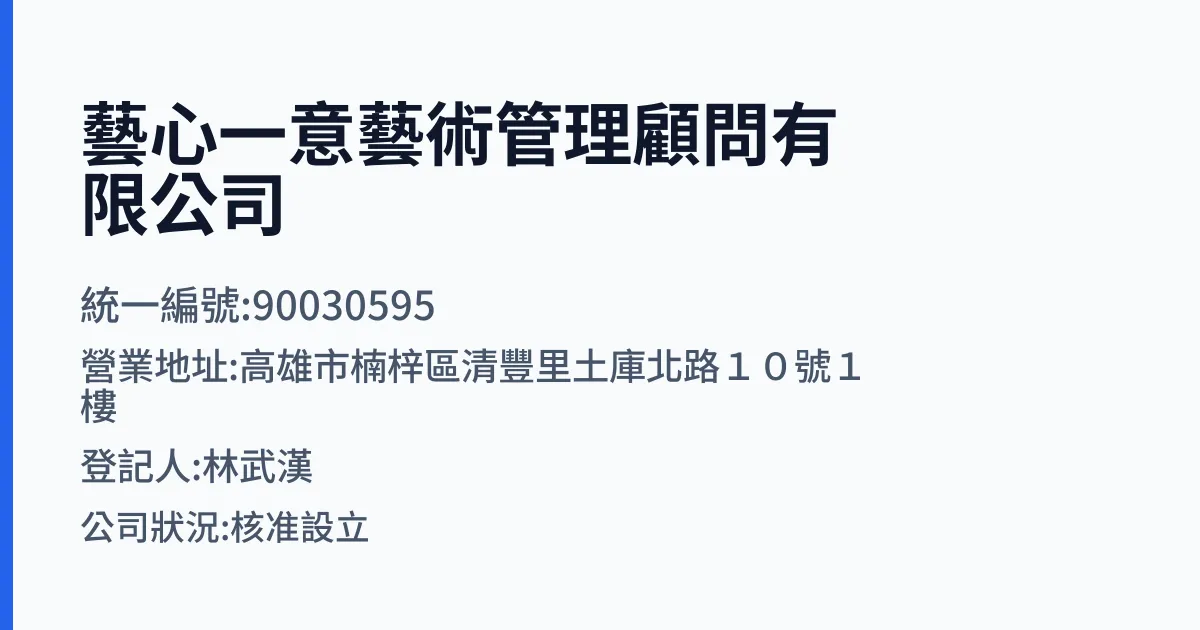 藝心一意藝術管理顧問有限公司 - 統編 90030595(臺中市) 公司登記資料與營業項目詳細圖表