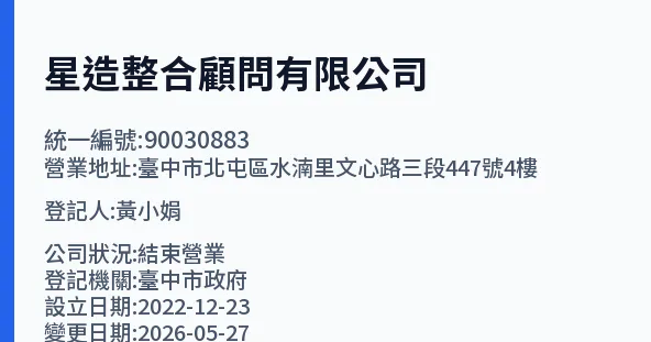 星造整合顧問有限公司的照片-統編 90030883(臺中市) 公司登記資料與營業項目詳細圖表