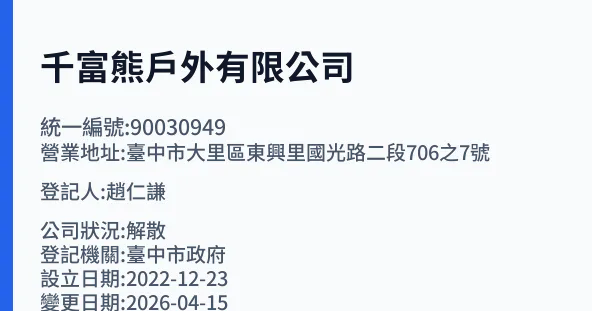 千富熊戶外有限公司的照片-統編 90030949(臺中市) 公司登記資料與營業項目詳細圖表
