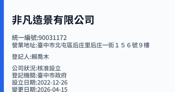非凡造景有限公司的照片-統編 90031172(臺中市) 公司登記資料與營業項目詳細圖表