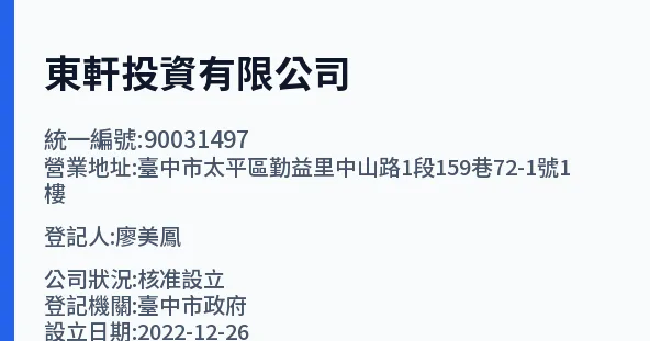 東軒投資有限公司的照片-統編 90031497(臺中市) 公司登記資料與營業項目詳細圖表