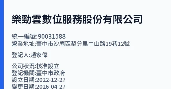 樂勁雲數位服務股份有限公司的照片-統編 90031588(臺中市) 公司登記資料與營業項目詳細圖表