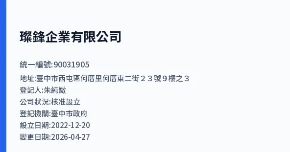 璨鋒企業有限公司的照片-統編 90031905(臺中市) 公司登記資料與營業項目詳細圖表