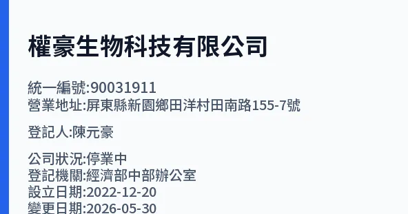 權豪生物科技有限公司的照片-統編 90031911(屏東縣) 公司登記資料與營業項目詳細圖表