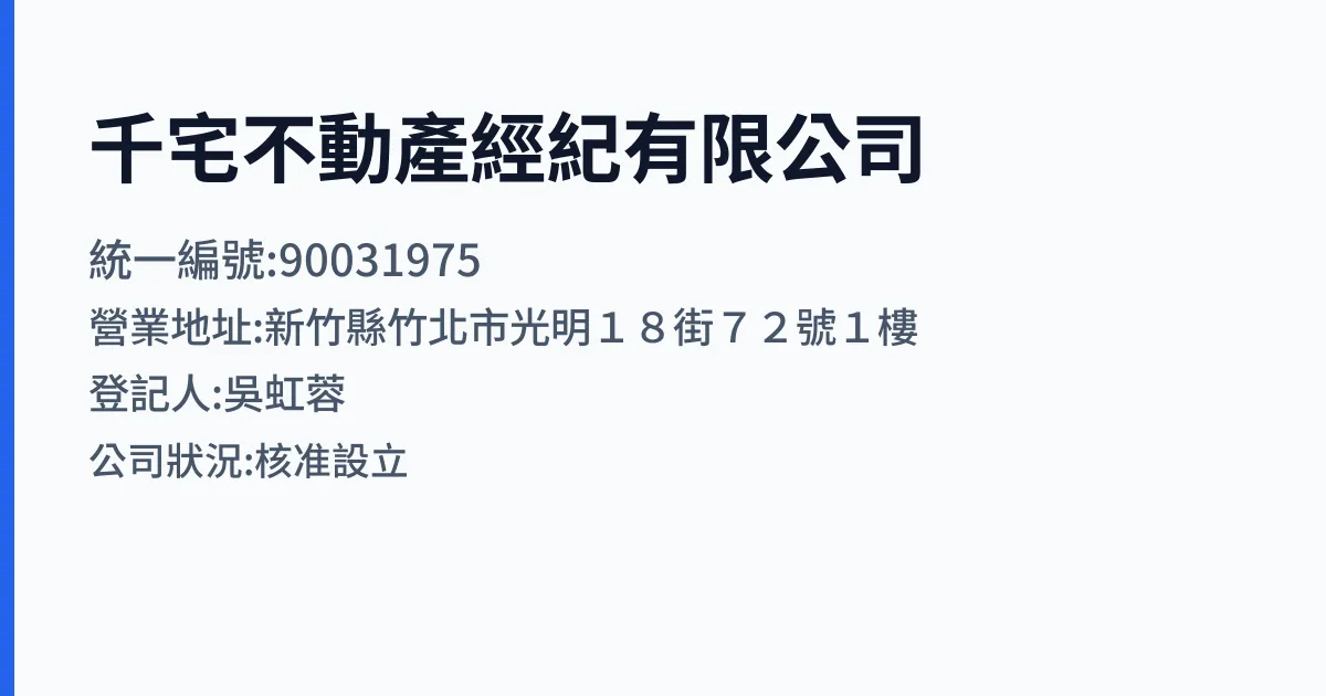 千宅不動產經紀有限公司 - 統編 90031975(新竹縣) 公司登記資料與營業項目詳細圖表