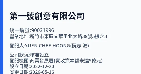 第一號創意有限公司的照片-統編 90031996(新竹市) 公司登記資料與營業項目詳細圖表