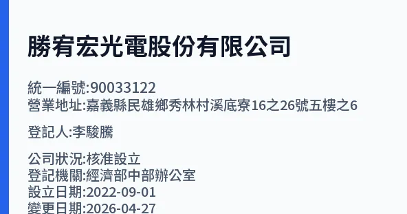 勝宥宏光電股份有限公司的照片-統編 90033122(嘉義縣) 公司登記資料與營業項目詳細圖表