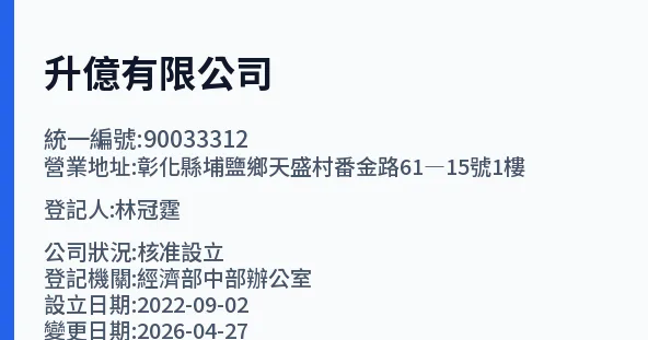 升億有限公司的照片-統編 90033312(彰化縣) 公司登記資料與營業項目詳細圖表