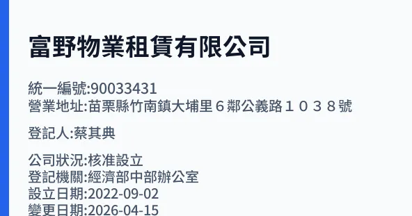 富野物業租賃有限公司的照片-統編 90033431(苗栗縣) 公司登記資料與營業項目詳細圖表