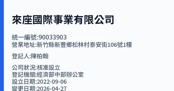 來座國際事業有限公司的照片-統編 90033903(新竹縣) 公司登記資料與營業項目詳細圖表
