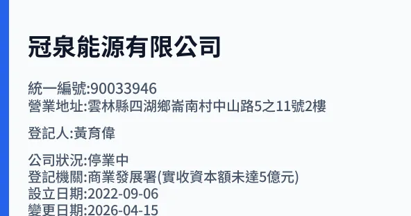 冠泉能源有限公司的照片-統編 90033946(雲林縣) 公司登記資料與營業項目詳細圖表