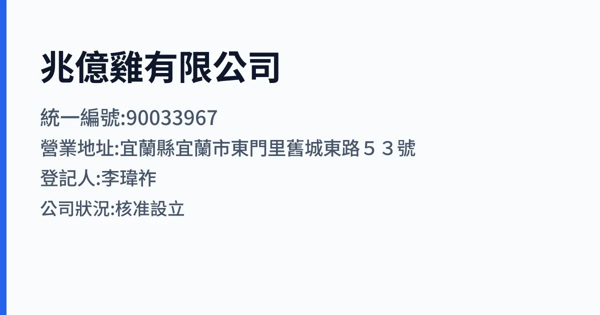 兆億雞有限公司 - 統編 90033967(宜蘭縣) 公司登記資料與營業項目詳細圖表