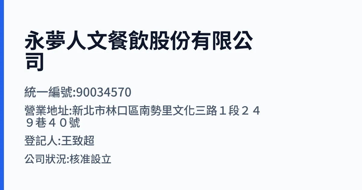 永夢人文餐飲股份有限公司 - 統編 90034570(新北市) 公司登記資料與營業項目詳細圖表