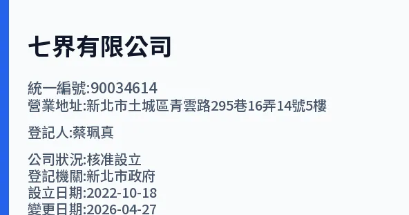 七界有限公司的照片-統編 90034614(新北市) 公司登記資料與營業項目詳細圖表