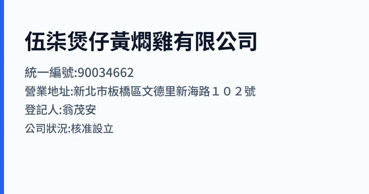 伍柒煲仔黃燜雞有限公司 - 統編 90034662(新北市) 公司登記資料與營業項目詳細圖表