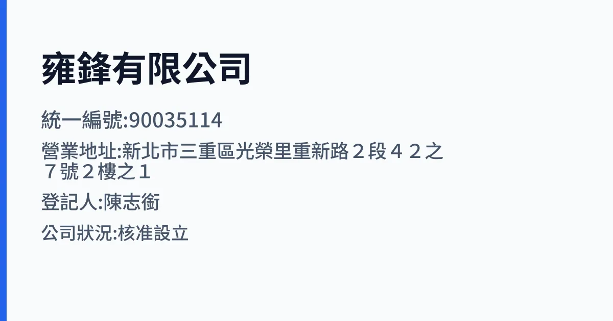 雍鋒有限公司 - 統編 90035114(新北市) 公司登記資料與營業項目詳細圖表