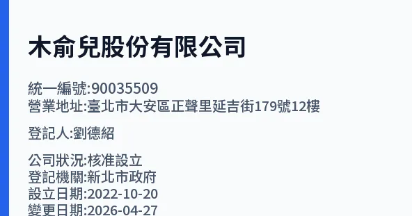 木俞兒股份有限公司的照片-統編 90035509(臺北市) 公司登記資料與營業項目詳細圖表