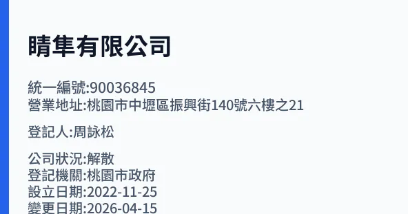 睛隼有限公司的照片-統編 90036845(桃園市) 公司登記資料與營業項目詳細圖表