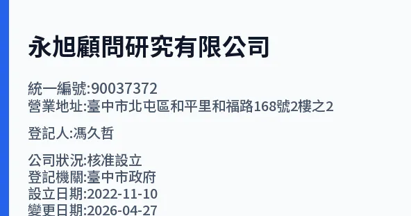 永旭顧問研究有限公司的照片-統編 90037372(臺中市) 公司登記資料與營業項目詳細圖表