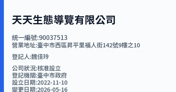 天天生態導覽有限公司的照片-統編 90037513(臺中市) 公司登記資料與營業項目詳細圖表