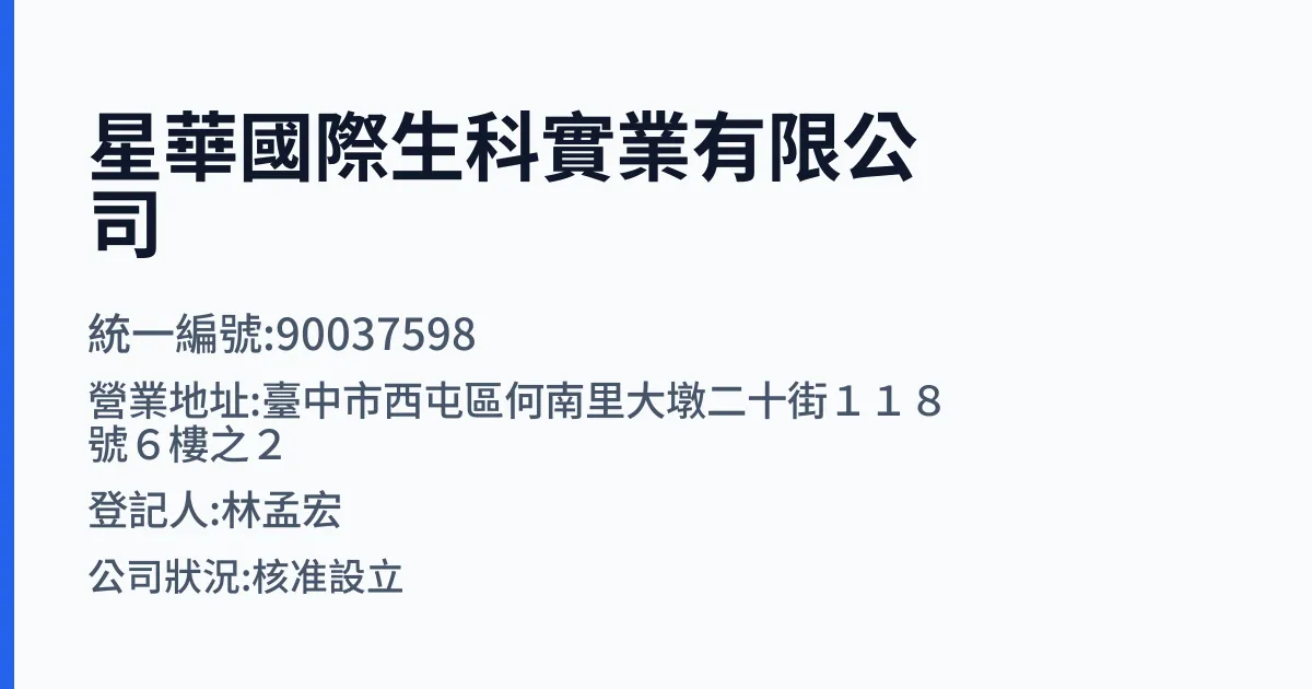 星華國際生科實業有限公司 - 統編 90037598(臺中市) 公司登記資料與營業項目詳細圖表