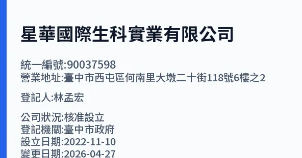 星華國際生科實業有限公司的照片-統編 90037598(臺中市) 公司登記資料與營業項目詳細圖表