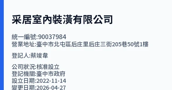 采居室內裝潢有限公司的照片-統編 90037984(臺中市) 公司登記資料與營業項目詳細圖表