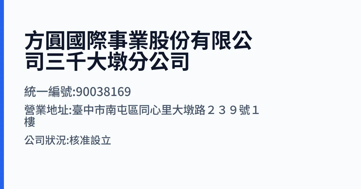 方圓國際事業股份有限公司三千大墩分公司 - 統編 90038169(臺中市) 公司登記資料與營業項目詳細圖表