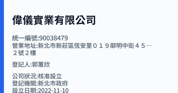 偉儀實業有限公司的照片-統編 90038479(新北市) 公司登記資料與營業項目詳細圖表