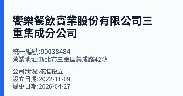 饗樂餐飲實業股份有限公司三重集成分公司的照片-統編 90038484(新北市) 公司登記資料與營業項目詳細圖表