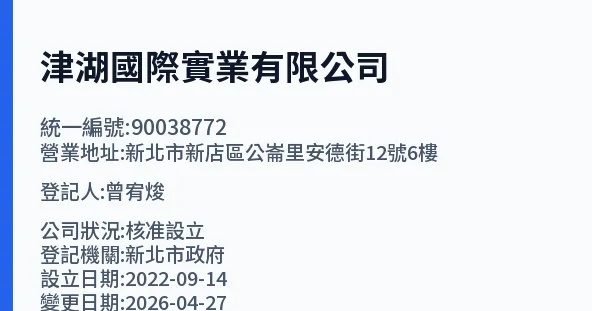 津湖國際實業有限公司的照片-統編 90038772(新北市) 公司登記資料與營業項目詳細圖表