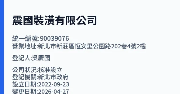 震國裝潢有限公司的照片-統編 90039076(新北市) 公司登記資料與營業項目詳細圖表