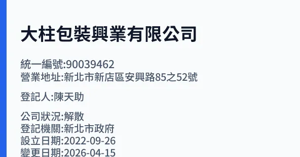 大柱包裝興業有限公司的照片-統編 90039462(新北市) 公司登記資料與營業項目詳細圖表