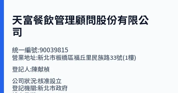 天富餐飲管理顧問股份有限公司的照片-統編 90039815(新北市) 公司登記資料與營業項目詳細圖表