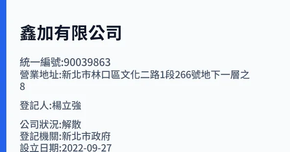 鑫加有限公司的照片-統編 90039863(新北市) 公司登記資料與營業項目詳細圖表