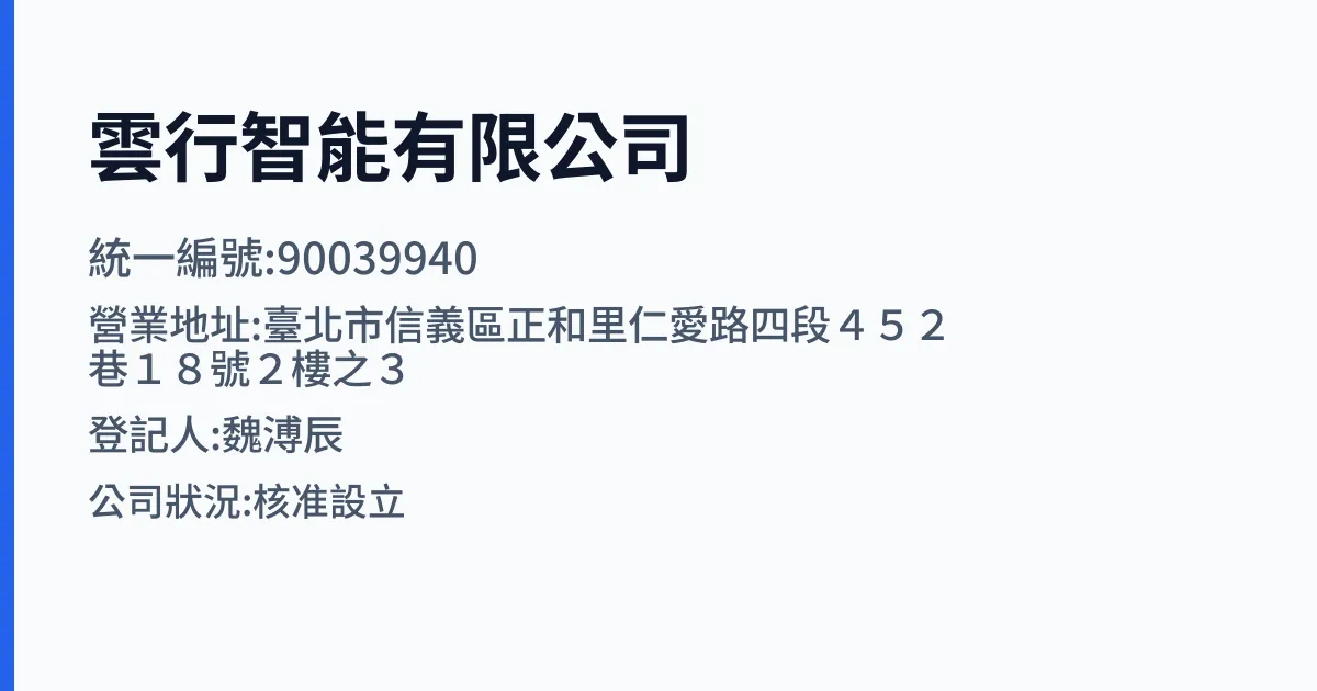 雲行智能有限公司 - 統編 90039940(臺北市) 公司登記資料與營業項目詳細圖表
