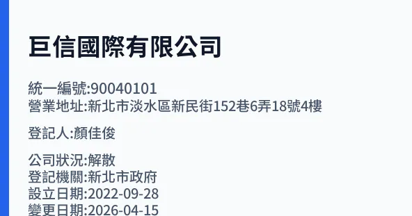巨信國際有限公司的照片-統編 90040101(新北市) 公司登記資料與營業項目詳細圖表