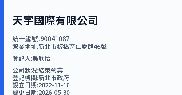天宇國際有限公司的照片-統編 90041087(新北市) 公司登記資料與營業項目詳細圖表