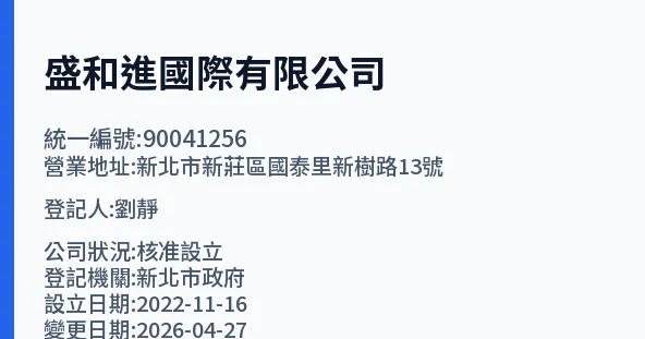盛和進國際有限公司的照片-統編 90041256(新北市) 公司登記資料與營業項目詳細圖表