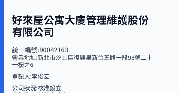 好來屋公寓大廈管理維護股份有限公司的照片-統編 90042163(新北市) 公司登記資料與營業項目詳細圖表