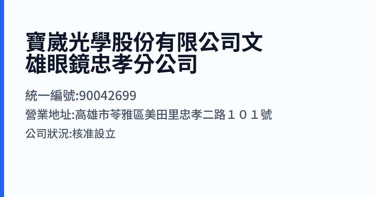 寶崴光學股份有限公司文雄眼鏡忠孝分公司 - 統編 90042699（高雄市） 公司登記資料與營業項目詳細圖表