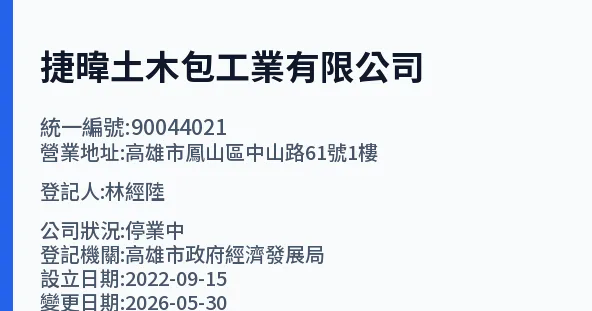 捷暐土木包工業有限公司的照片-統編 90044021(高雄市) 公司登記資料與營業項目詳細圖表