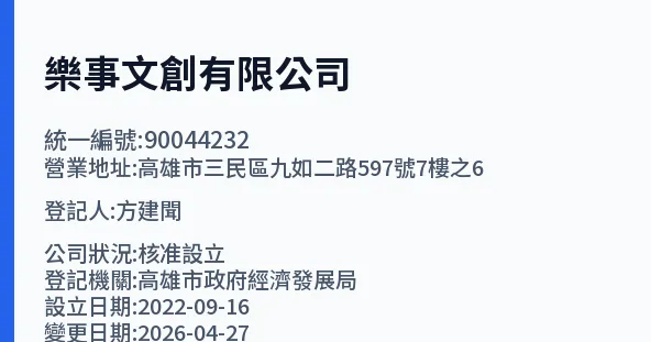樂事文創有限公司的照片-統編 90044232(高雄市) 公司登記資料與營業項目詳細圖表