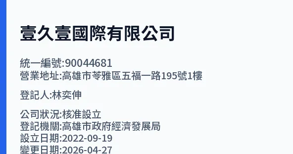壹久壹國際有限公司的照片-統編 90044681(高雄市) 公司登記資料與營業項目詳細圖表