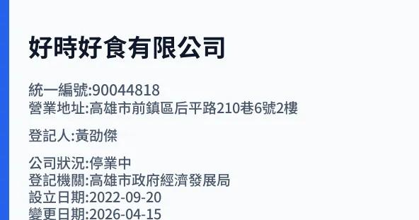 好時好食有限公司的照片-統編 90044818(高雄市) 公司登記資料與營業項目詳細圖表