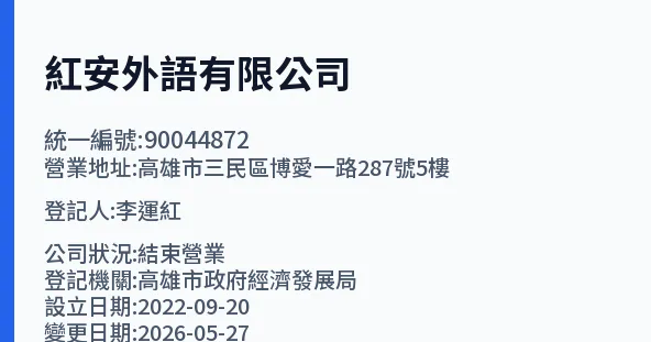 紅安外語有限公司的照片-統編 90044872(高雄市) 公司登記資料與營業項目詳細圖表