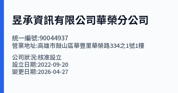 昱承資訊有限公司華榮分公司的照片-統編 90044937(高雄市) 公司登記資料與營業項目詳細圖表