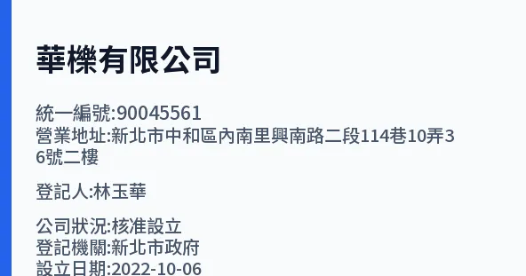 華櫟有限公司的照片-統編 90045561(新北市) 公司登記資料與營業項目詳細圖表