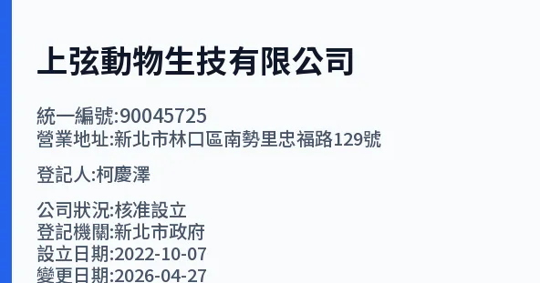 上弦動物生技有限公司的照片-統編 90045725(新北市) 公司登記資料與營業項目詳細圖表